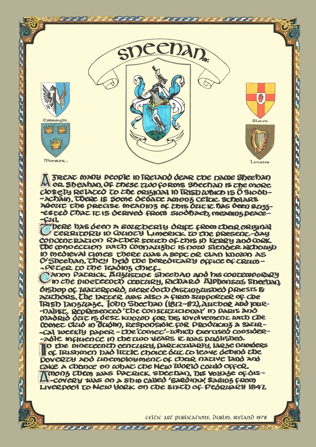 Sheehan Family Crest Irish Coat of Arms Irish Family Crest Gifts ...