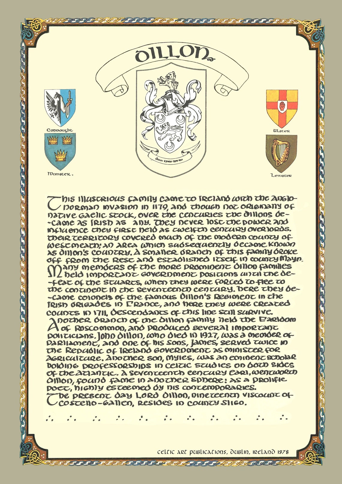 Dillon Family Crest Irish Coat of Arms Irish Family Crest - Etsy