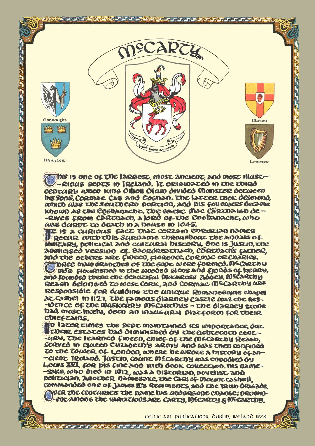 Mccarty Family Crest Print Download Irish Coat of Arms Irish Family ...