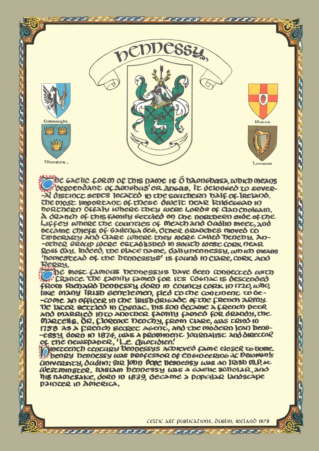 Hennessy Family Crest Irish Coat of Arms Irish Family Crest Gifts ...