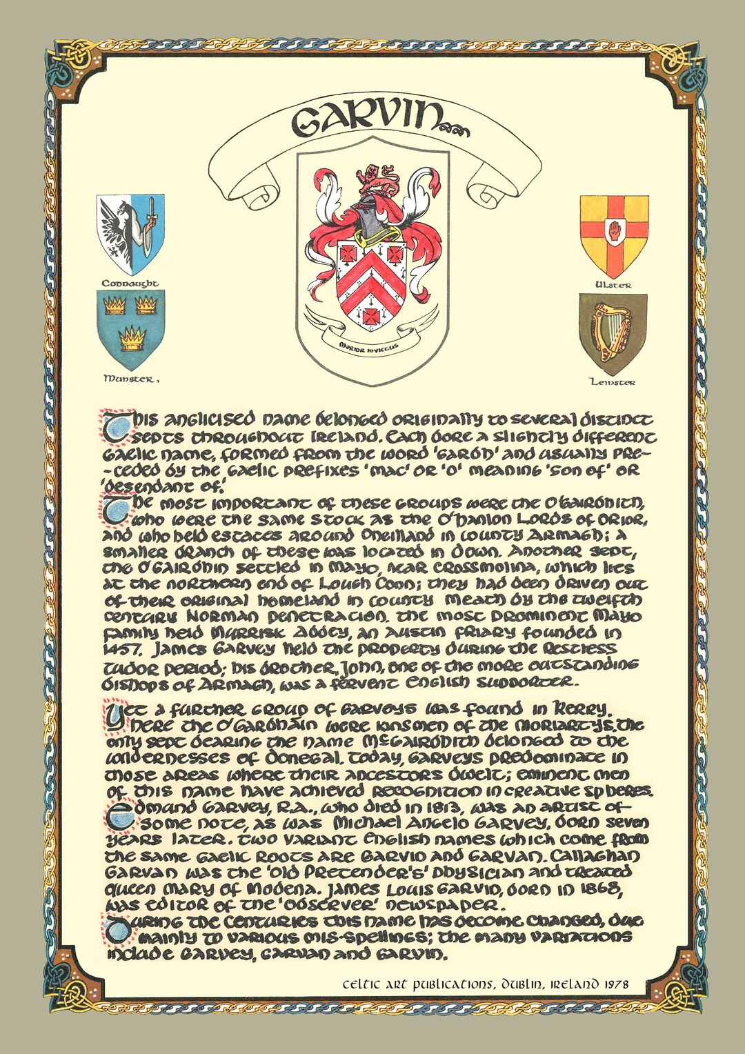 Garvin Family Crest Irish Coat of Arms Irish Family Crest Gifts Ireland ...