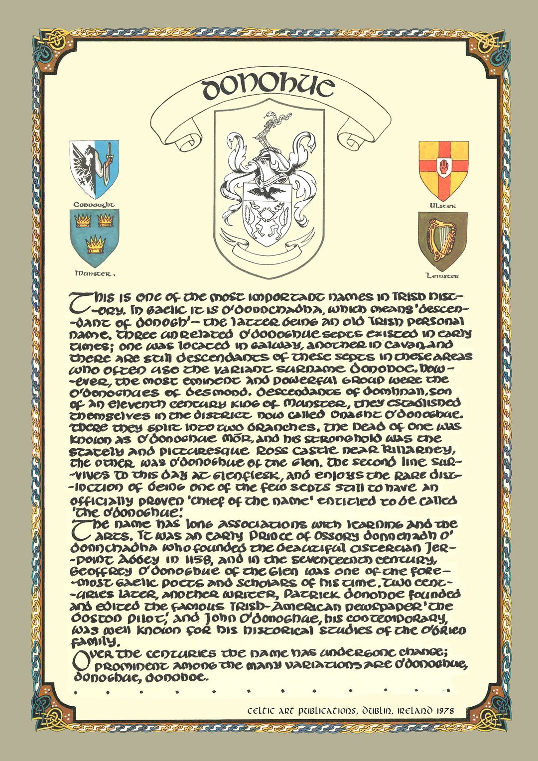 Donohue Family Crest Irish Coat of Arms Irish Family Crest Gifts ...