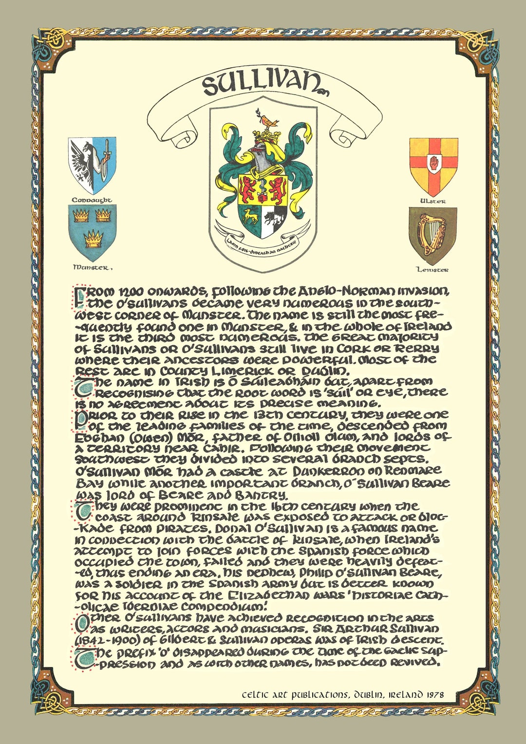 Sullivan Family Crest Irish Coat of Arms Irish Family Crest Gifts ...