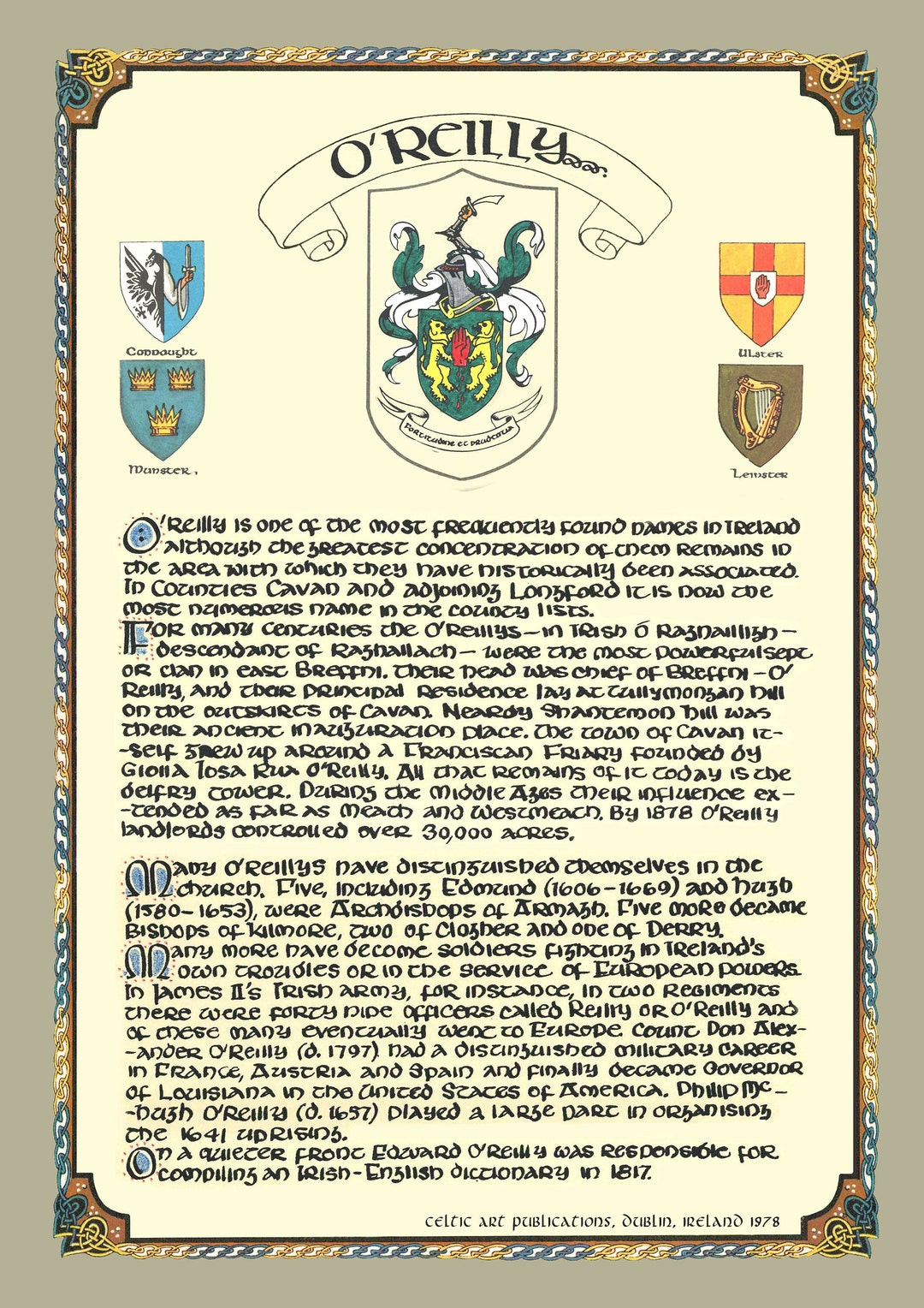O'reilly Family Crest Irish Coat of Arms Irish Family Crest Gifts ...