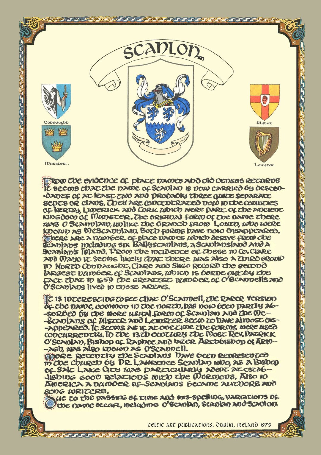 Scanlon Family Crest Print Download Irish Coat of Arms Irish Family ...