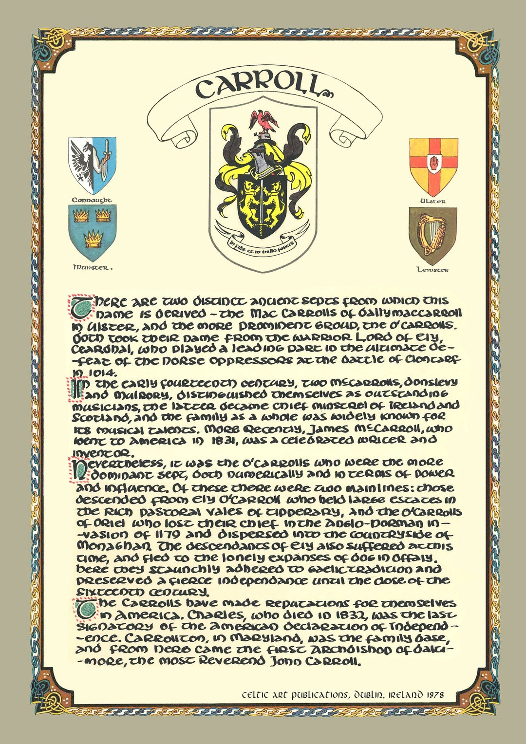 Carroll Family Crest Irish Coat of Arms Irish Family Crest Gifts ...