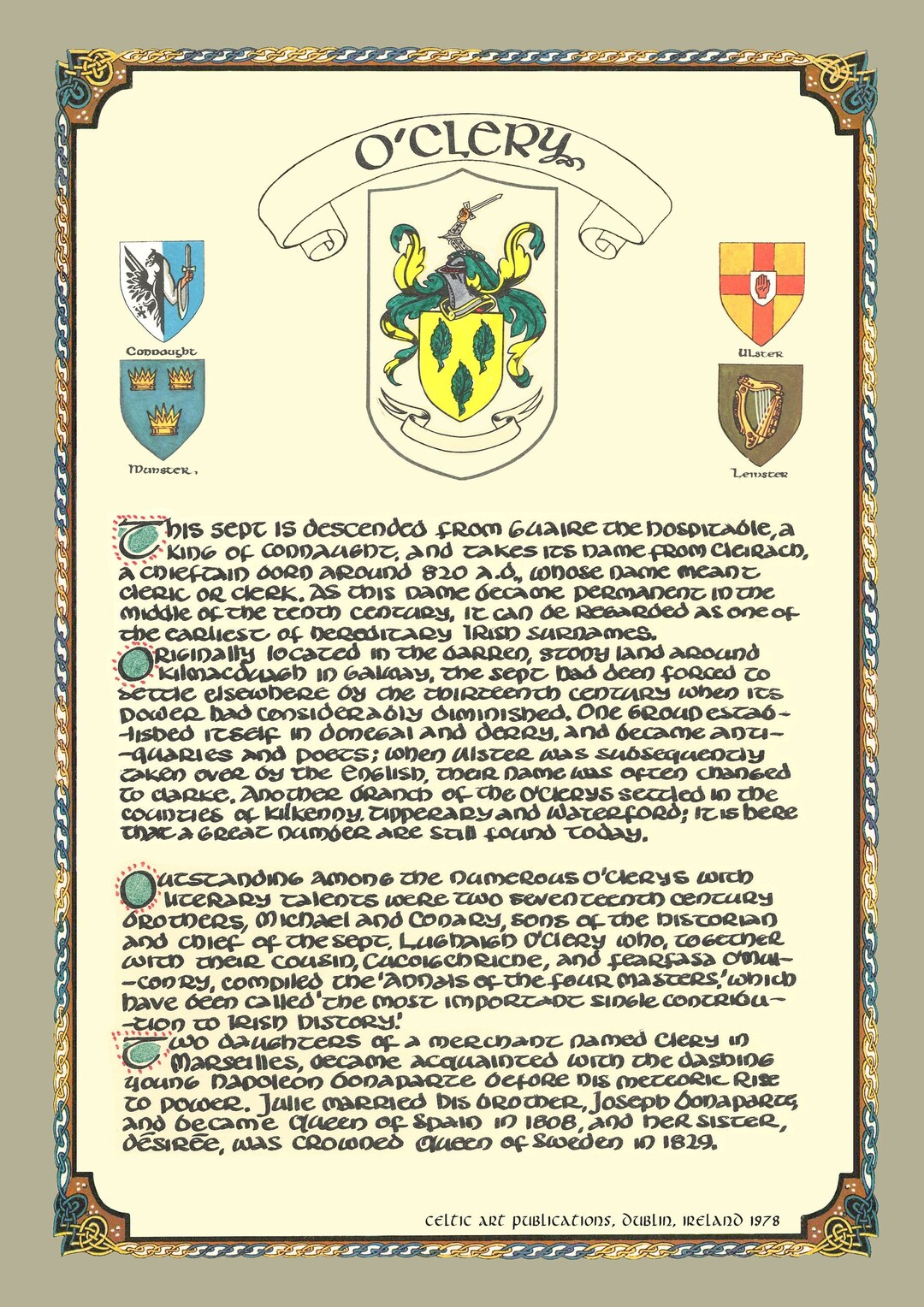 O'clery Family Crest Irish Coat of Arms Irish Family Crest Gifts ...