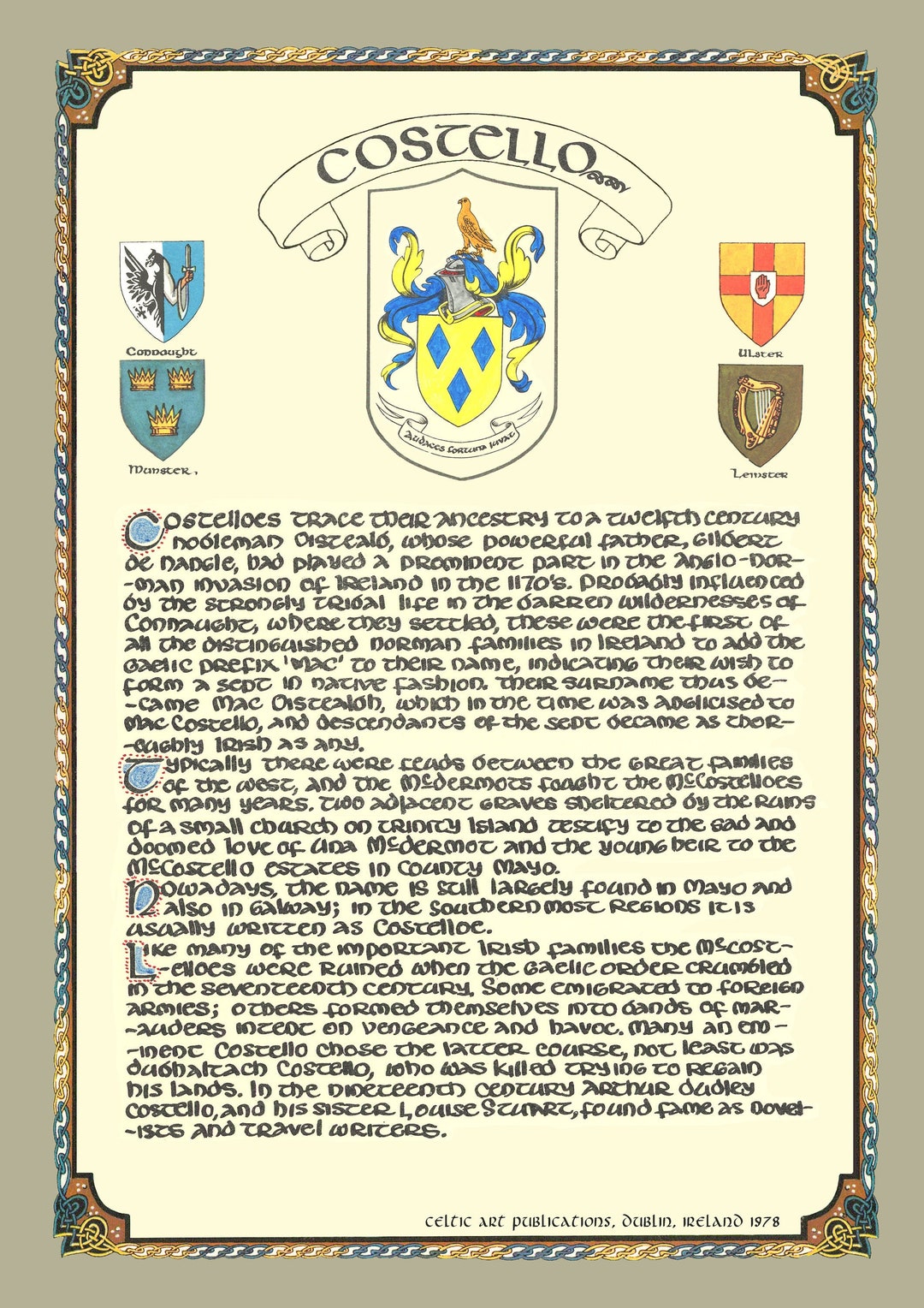 Costello Family Crest Irish Coat of Arms Irish Family Crest Gifts ...
