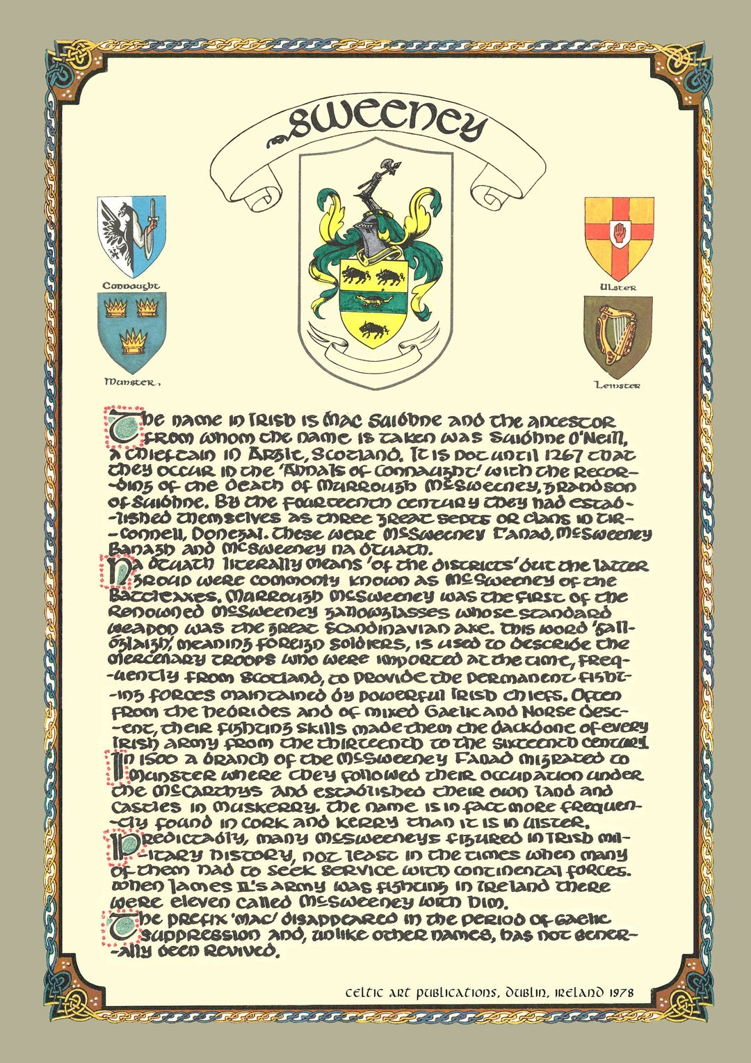 Sweeny Family Crest Irish Coat of Arms Irish Family Crest Gifts Ireland ...