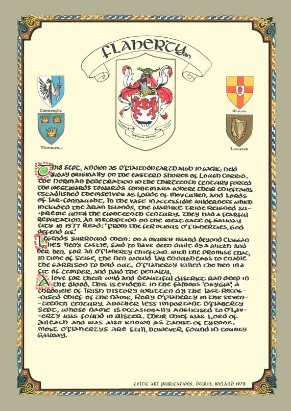 Flaherty Family Crest Irish Coat of Arms Irish Family - Etsy