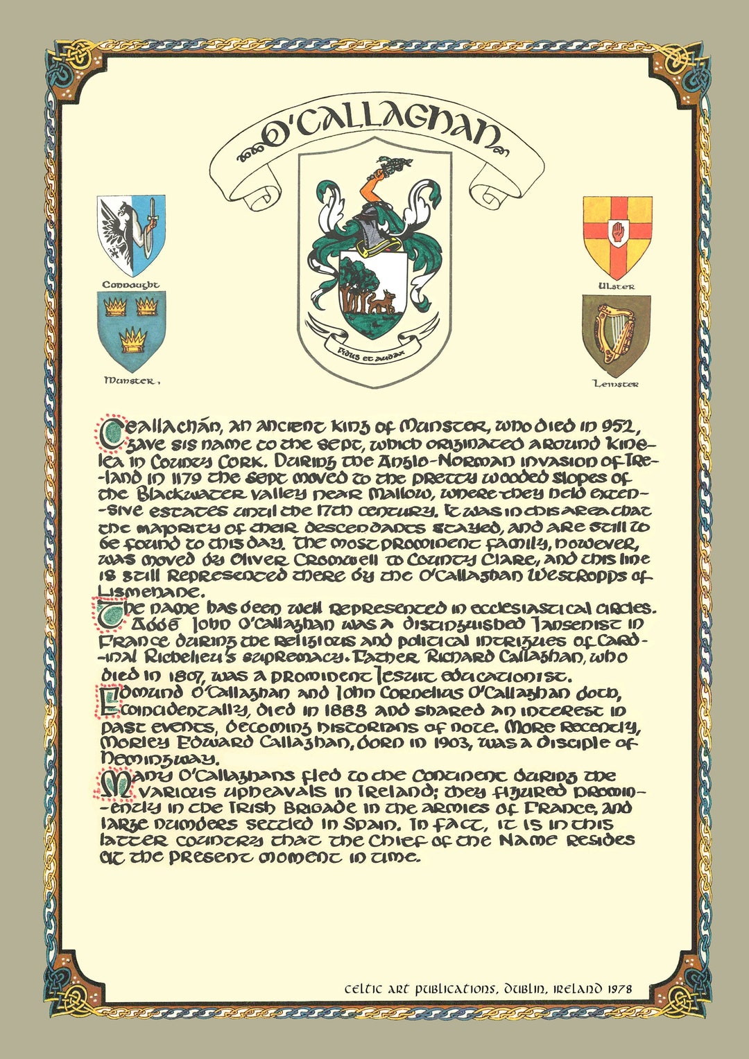 O'callaghan Family Crest Irish Coat of Arms Irish Family Crest Gifts ...