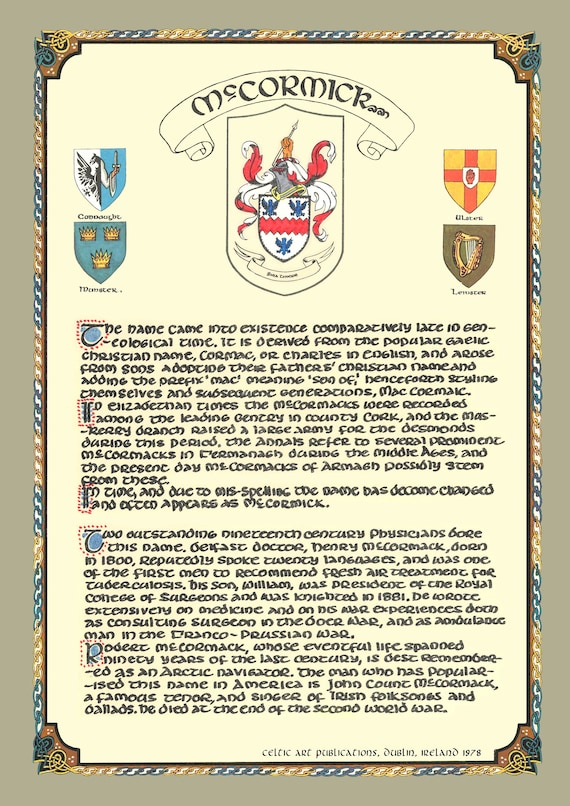 Mccormick Family Crest Irish Coat of Arms Irish Family - Etsy