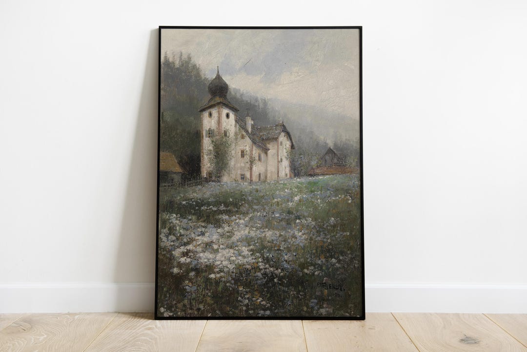 Church in Meadow Vintage Oil Painting Digital Download, Printable ...