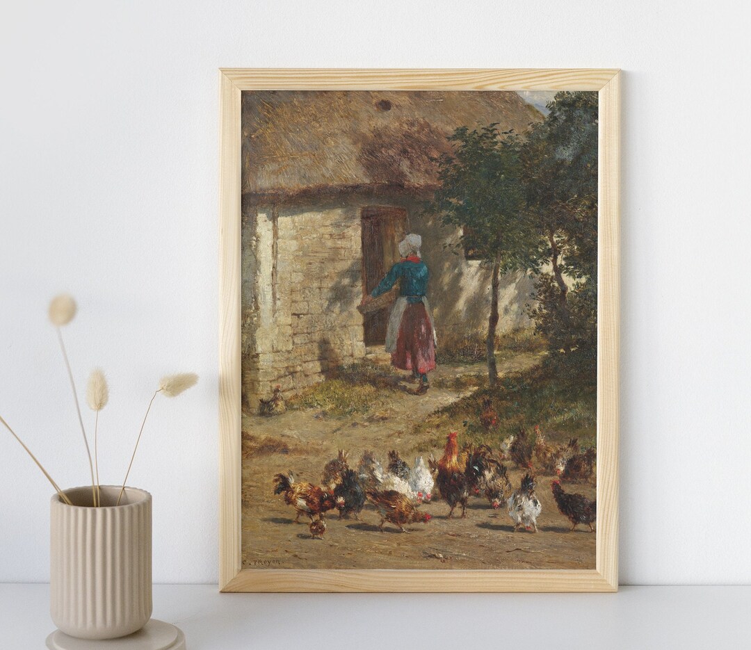 Vintage Chicken Farm Painting, Printable Country Farm Art Print ...