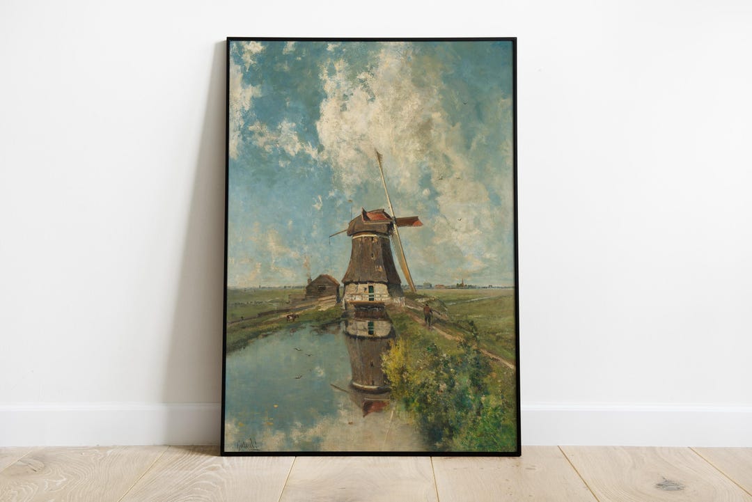Dutch Windmill Landscape Print, Printable Oil Painting Wall Art, Rustic ...