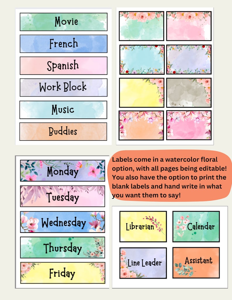 Editable Classroom Decor | Floral | Watercolor | Schedule | Labels ...