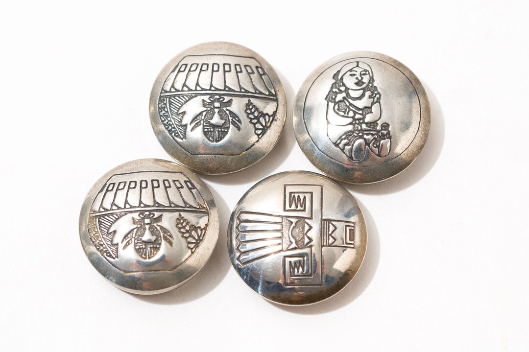 Vintage Button Covers, Set of Four, Silver, Navajo, Southwest Patterns ...