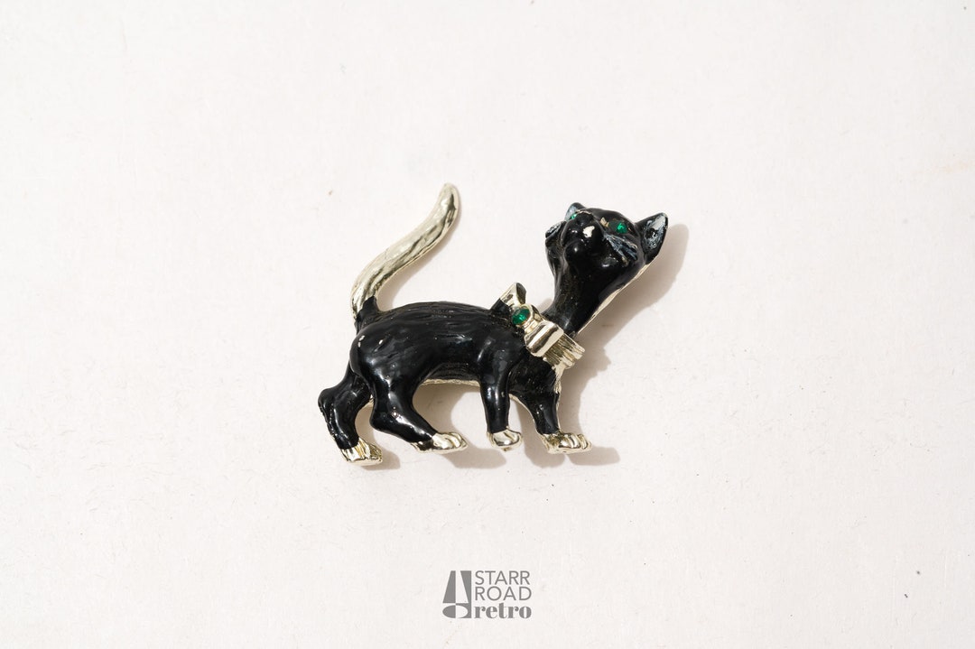 Vintage Black Cat Brooch Head Moves Articulated Etsy