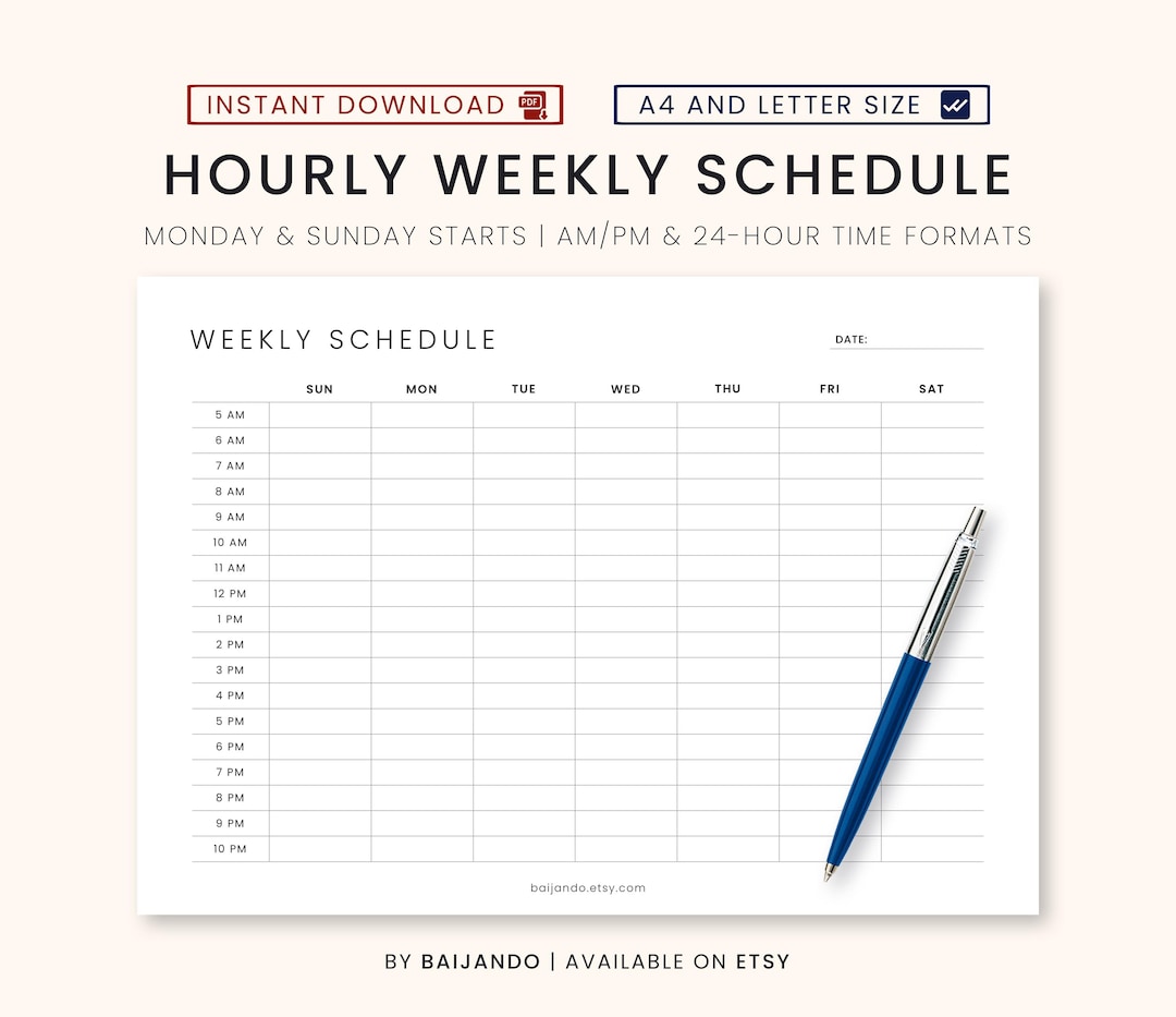 Printable Hourly Weekly Schedule, Week at a Glance, Weekly Hourly ...