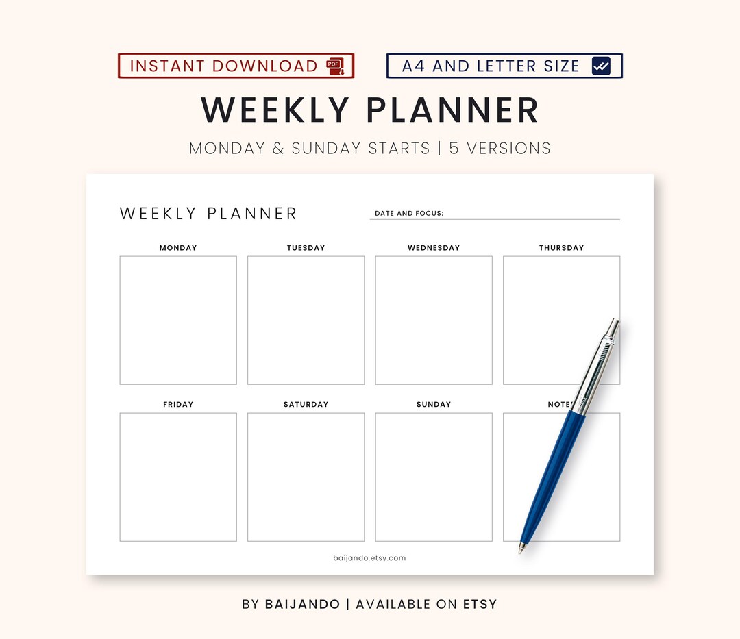 Minimalist Weekly Planner, Printable Daily Planner Template, Monday ...