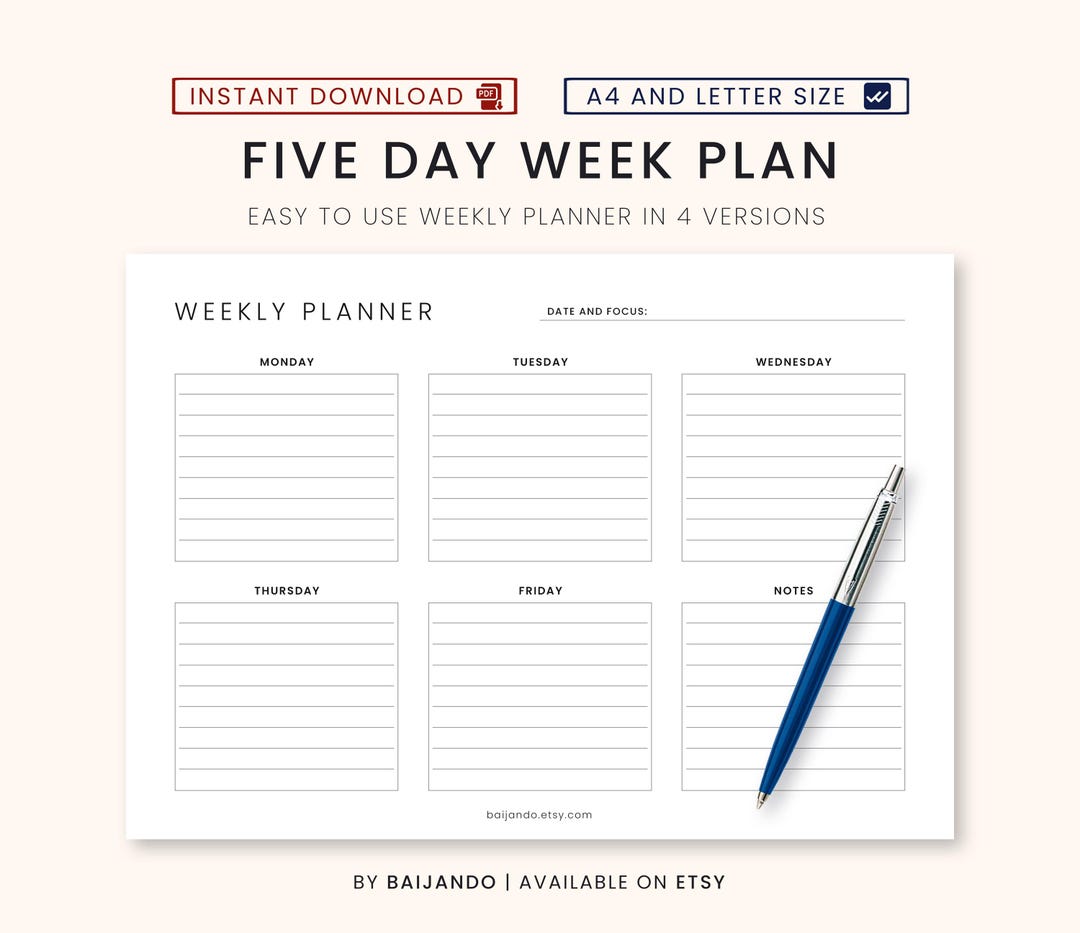 Five Day Weekly Planner Printable to Do List, Monday to Friday Desk ...