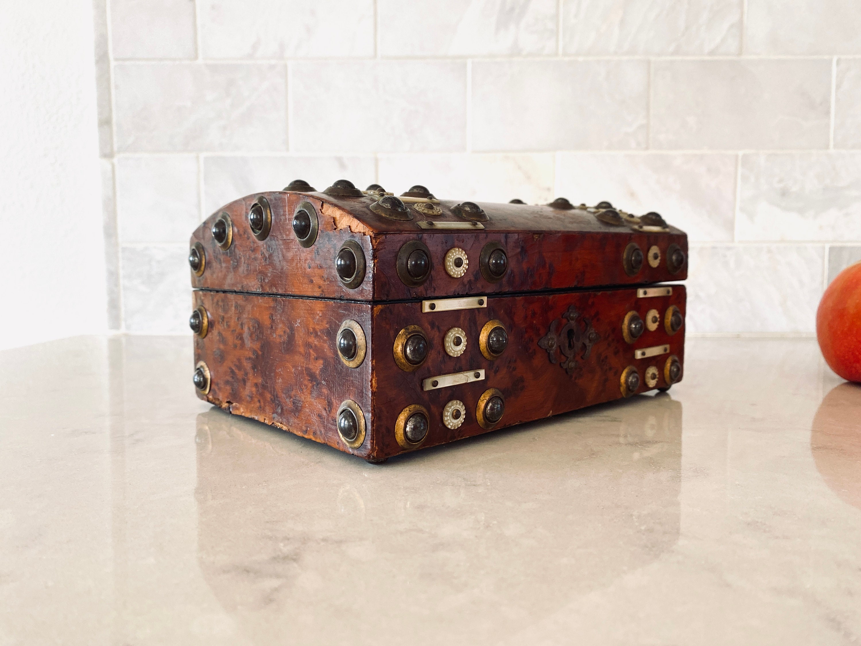 1860s Burl Walnut and Engraved Brass Dome-sewing Box With Mother-of ...