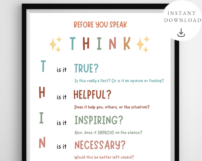 Think Before You Speak Sign Kids Motivational Wall Art Counselor Office ...
