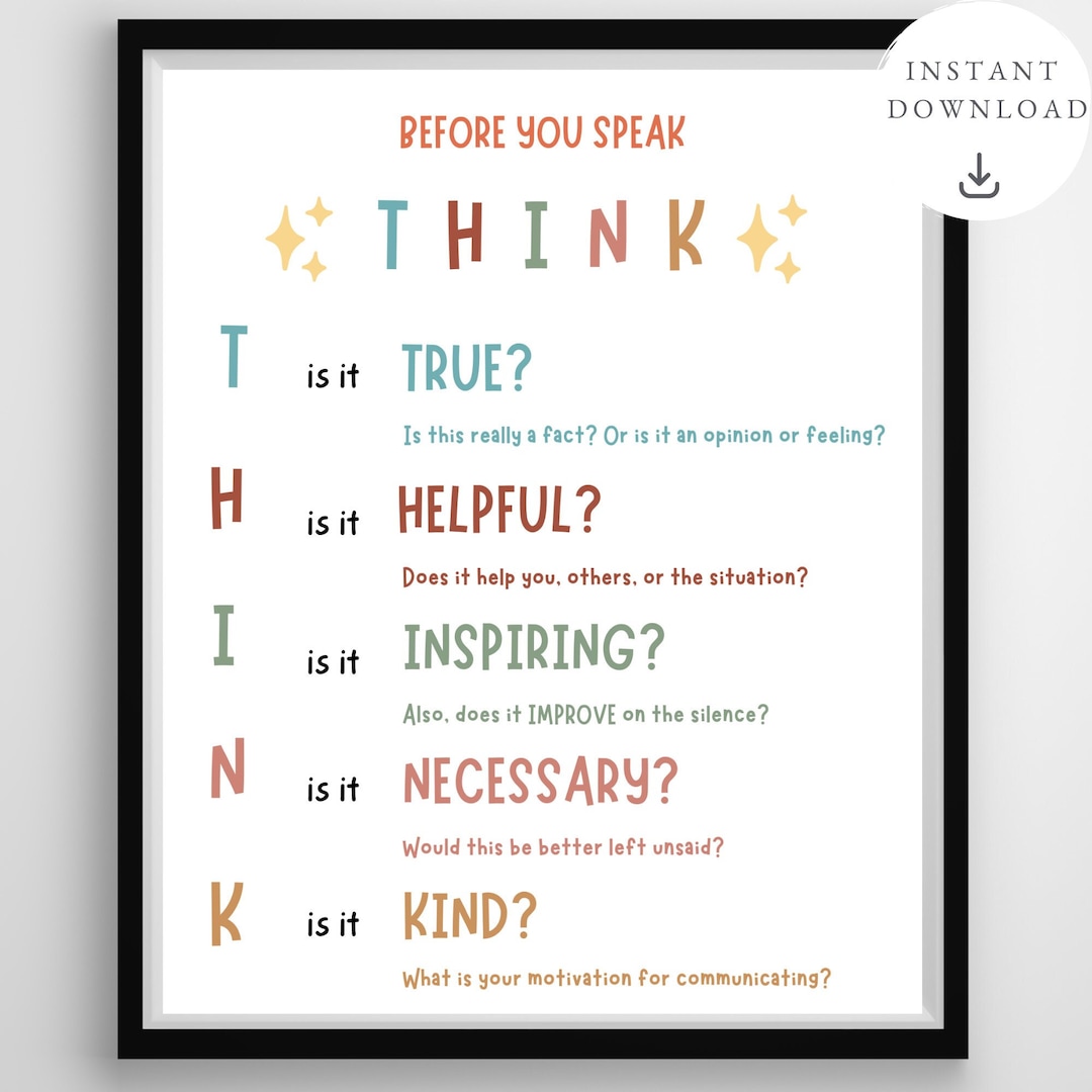 Think Before You Speak Sign | Kids Motivational Wall Art | Counselor ...