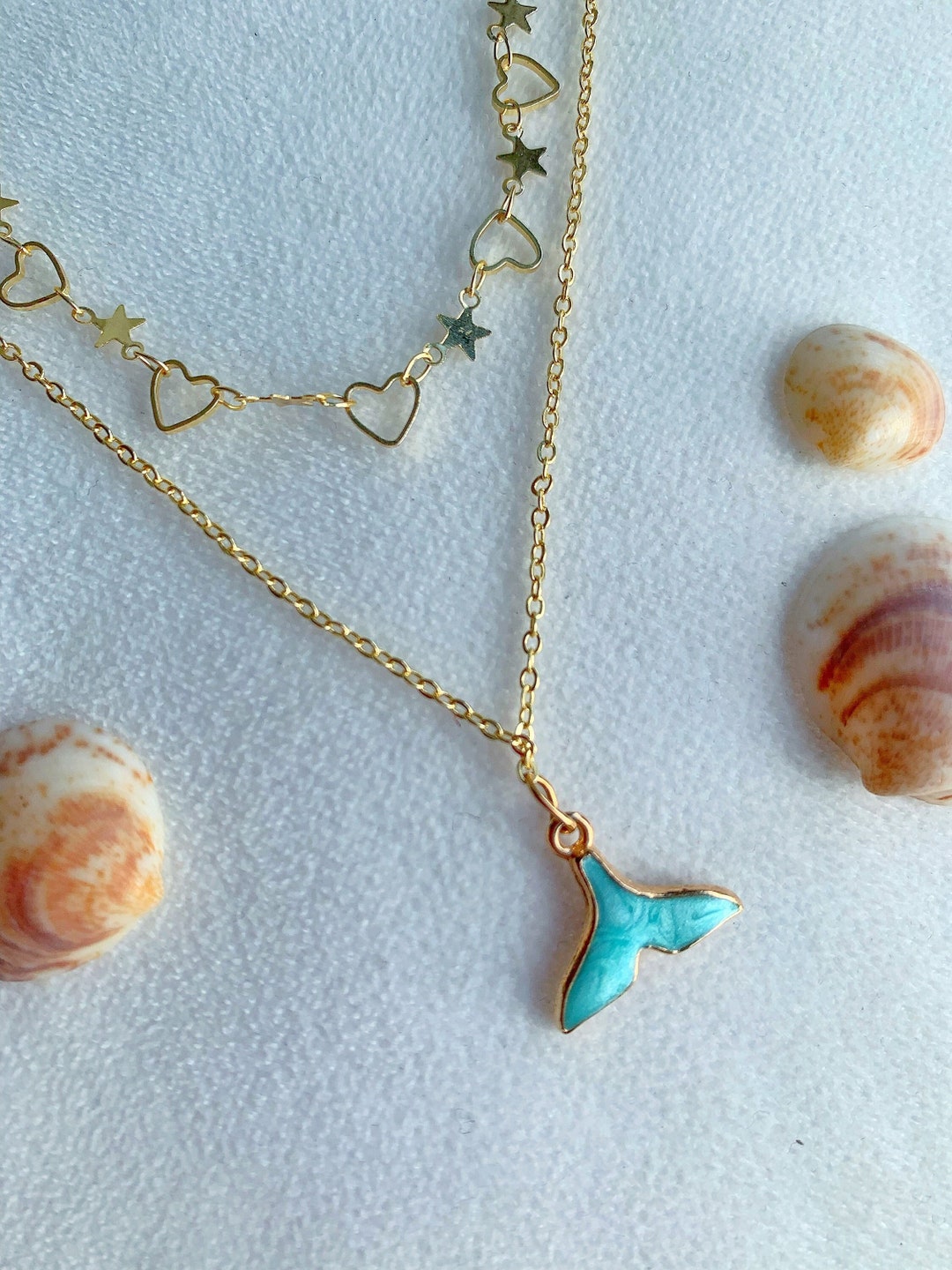 14K Gold Mermaid Necklace, Whale Tail Necklace, Beach Resin Necklace ...