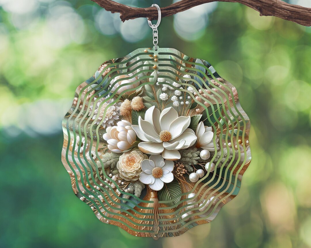White Magnolia Floral Wind Spinner Sublimation PNG, Green Gold Shimmer ...