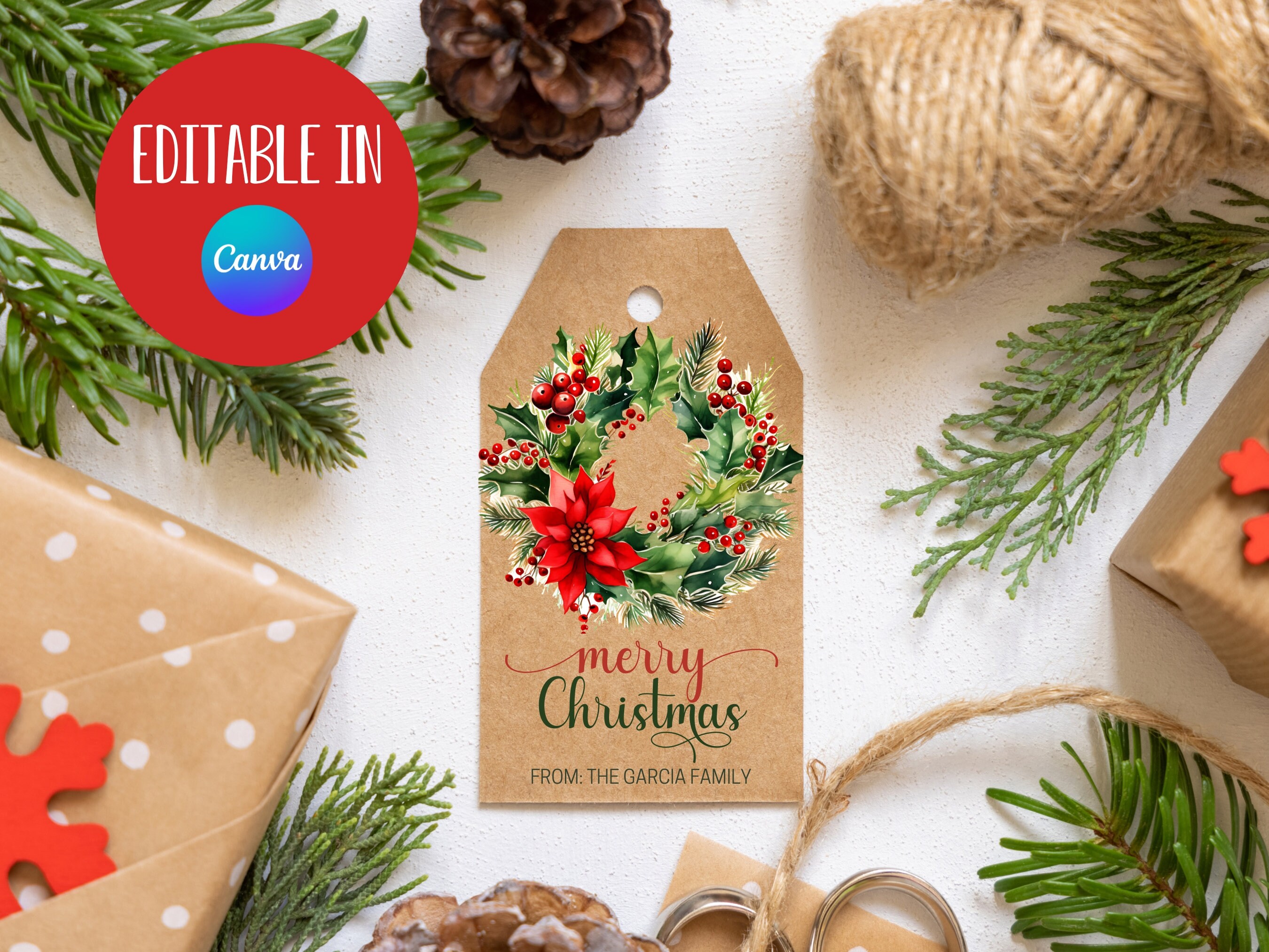 Editable Christmas Gift Tags, Merry Christmas Holiday Tags, Christmas ...