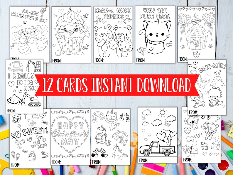 Valentine Coloring Cards Printable Valentine's Day Cards - Etsy