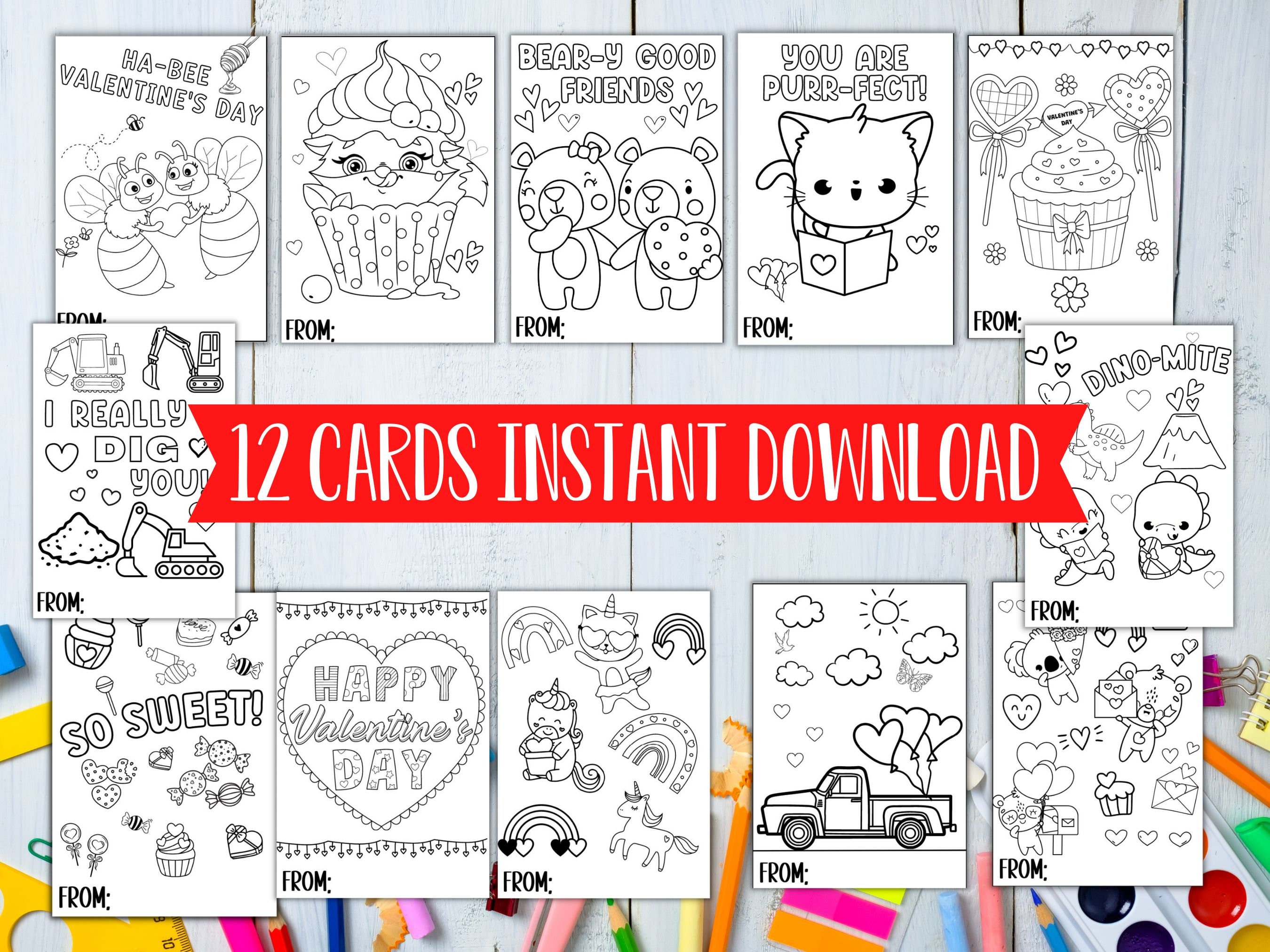 Valentine Coloring Cards Printable Valentine's Day Cards - Etsy