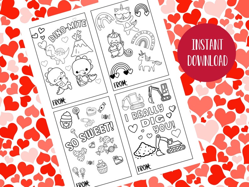 Valentine Coloring Cards Printable Valentine's Day Cards - Etsy