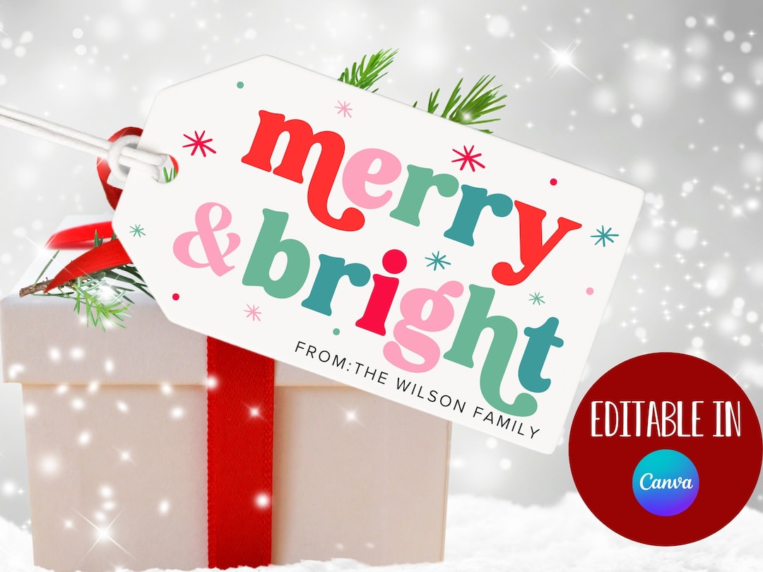 Printable Merry & Bright Christmas Gift Tag, Editable Christmas Gift ...