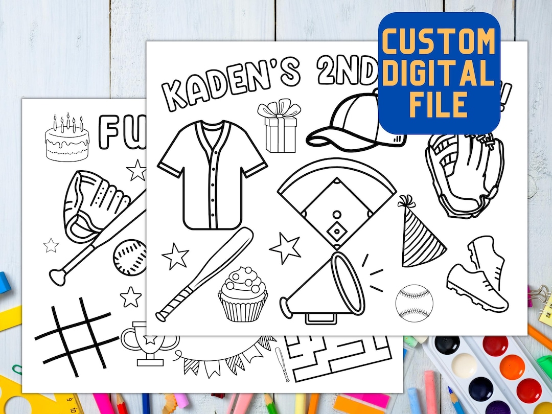 Baseball Coloring Page, Birthday Coloring Activity, Sport Placemat for ...