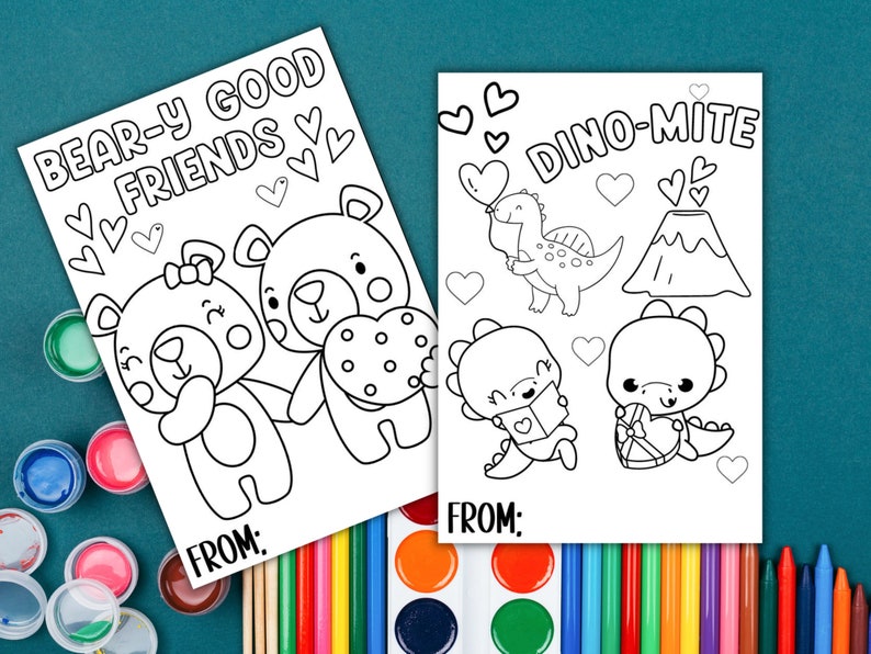 Valentine Coloring Cards Printable Valentine's Day Cards - Etsy