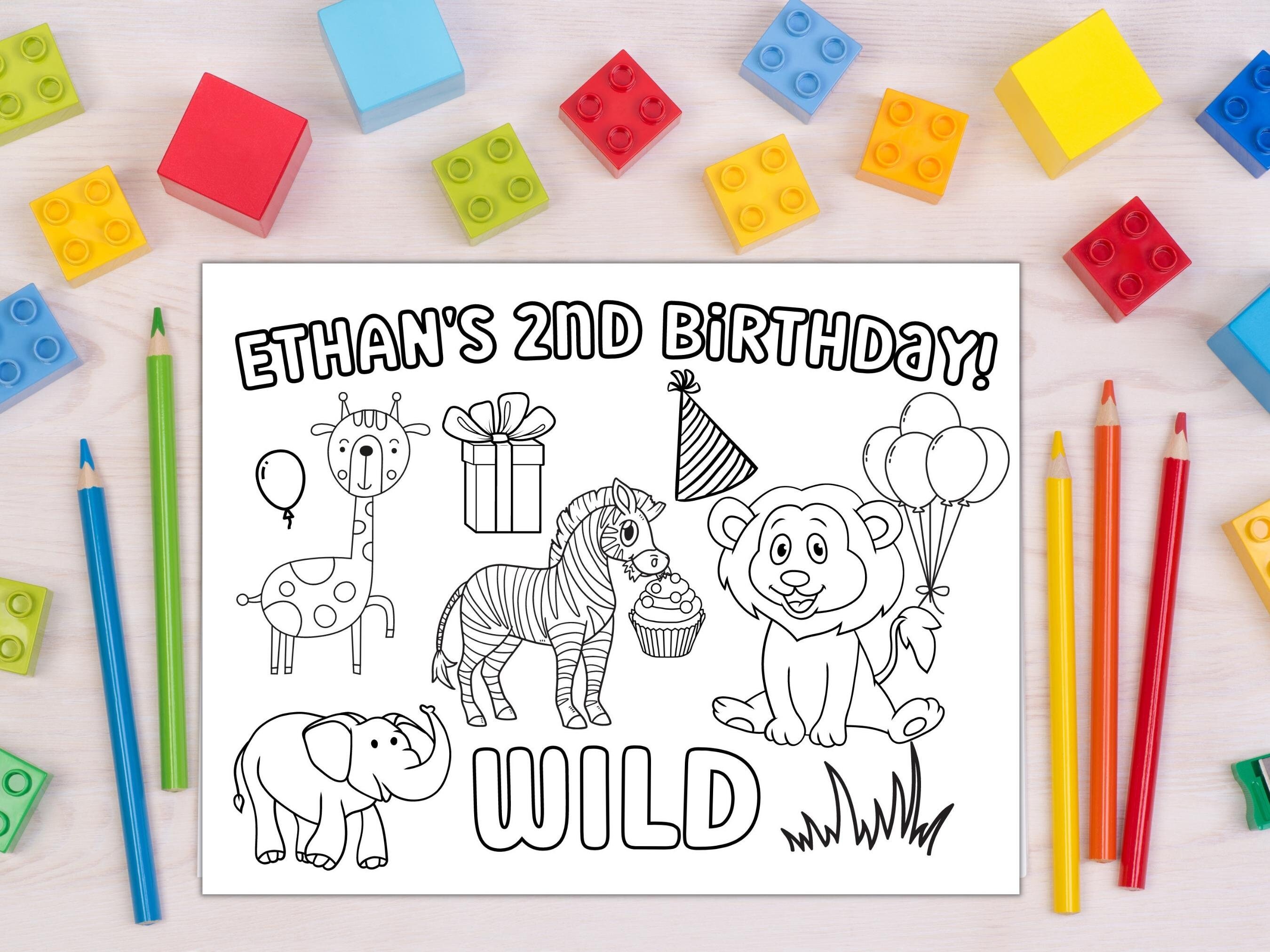 Zoo Animals Coloring Page, Birthday Coloring Activity, Wild Animals ...
