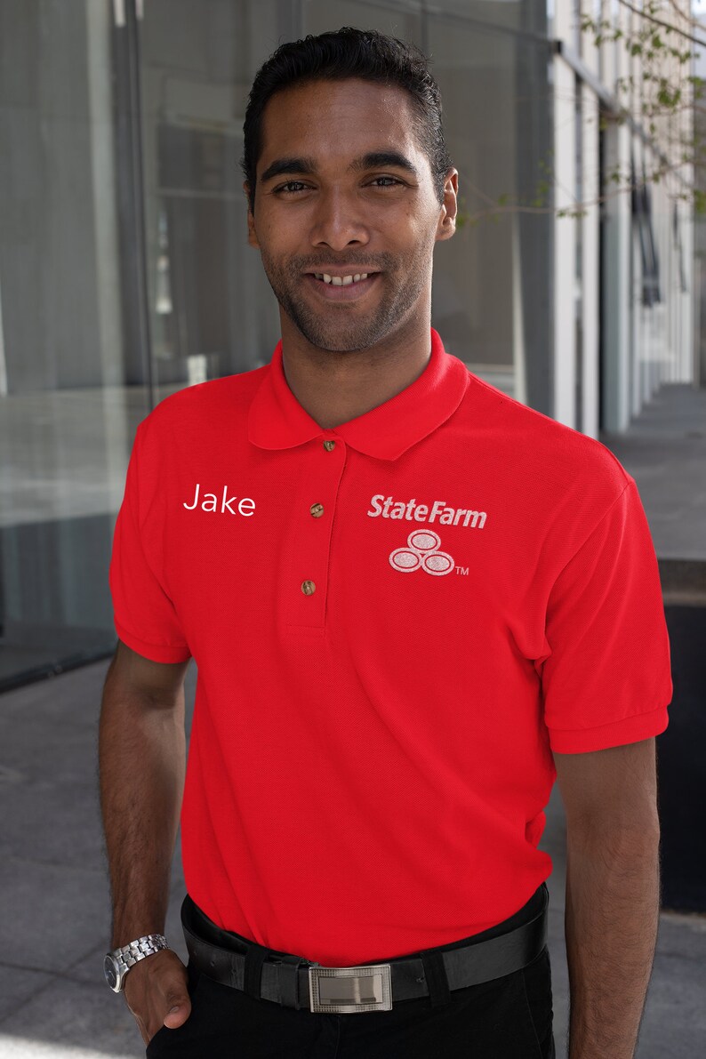 Jake State Farm Halloween Custom Name Costume Vinyl Red Polo Shirt ... Jake State Farm Halloween Custom Name Costume Vinyl Red Polo Shirt ...