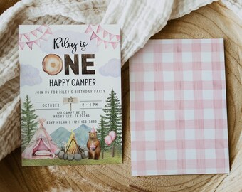 One Happy Camper Birthday Invitation Bundle Girl First Birthday National Park Birthday Editable ...
