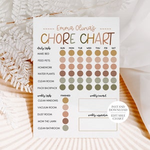 Kids Chore Chart Printable | Instant Download | Editable Chore Chart | Weekly Chore Chart ...