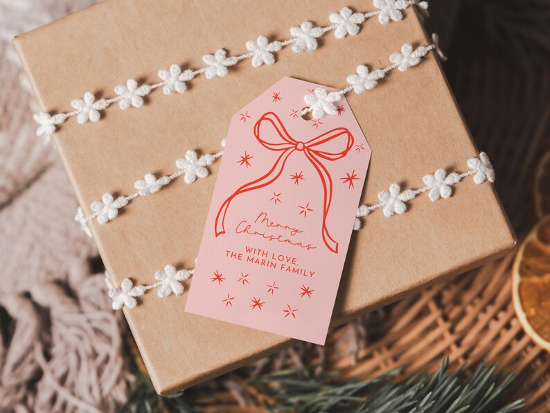Printable Pink Red Bow Christmas Gift Tags, Editable Template, Holiday ...