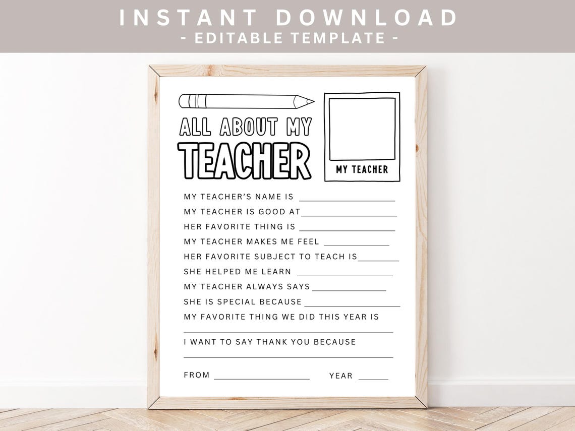 All About My Teacher Printable Coloring Page, Teacher Gift, Teacher ...