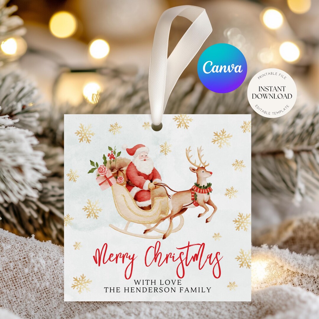 Santa & Reindeer Christmas Gift Tag Template, Instant Download ...