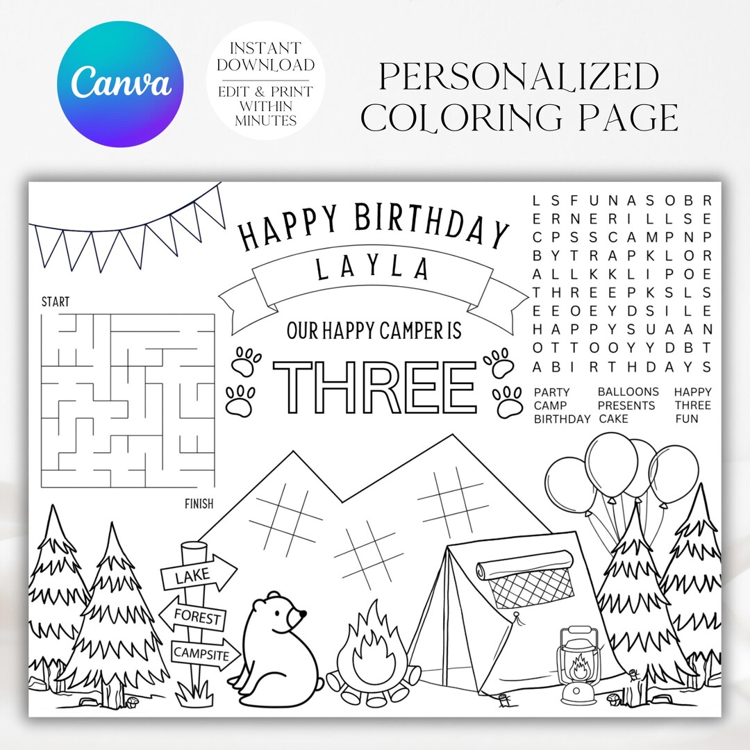Happy Camper Coloring Page, Third Birthday, Camping Coloring, Instant ...
