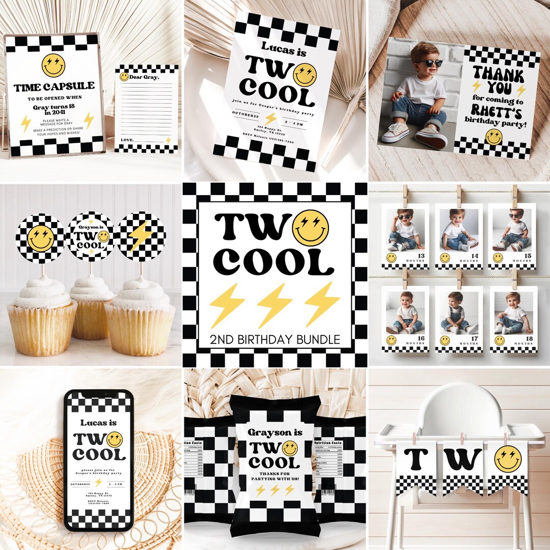 Two Cool Birthday Bundle, Boy 2nd Birthday, Smiley Face Birthday, Two ...