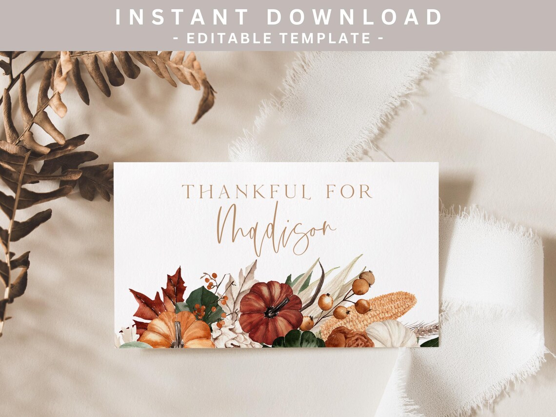 Fall Place Card, Printable Place Card, Autumn Place Card, Thanksgiving ...