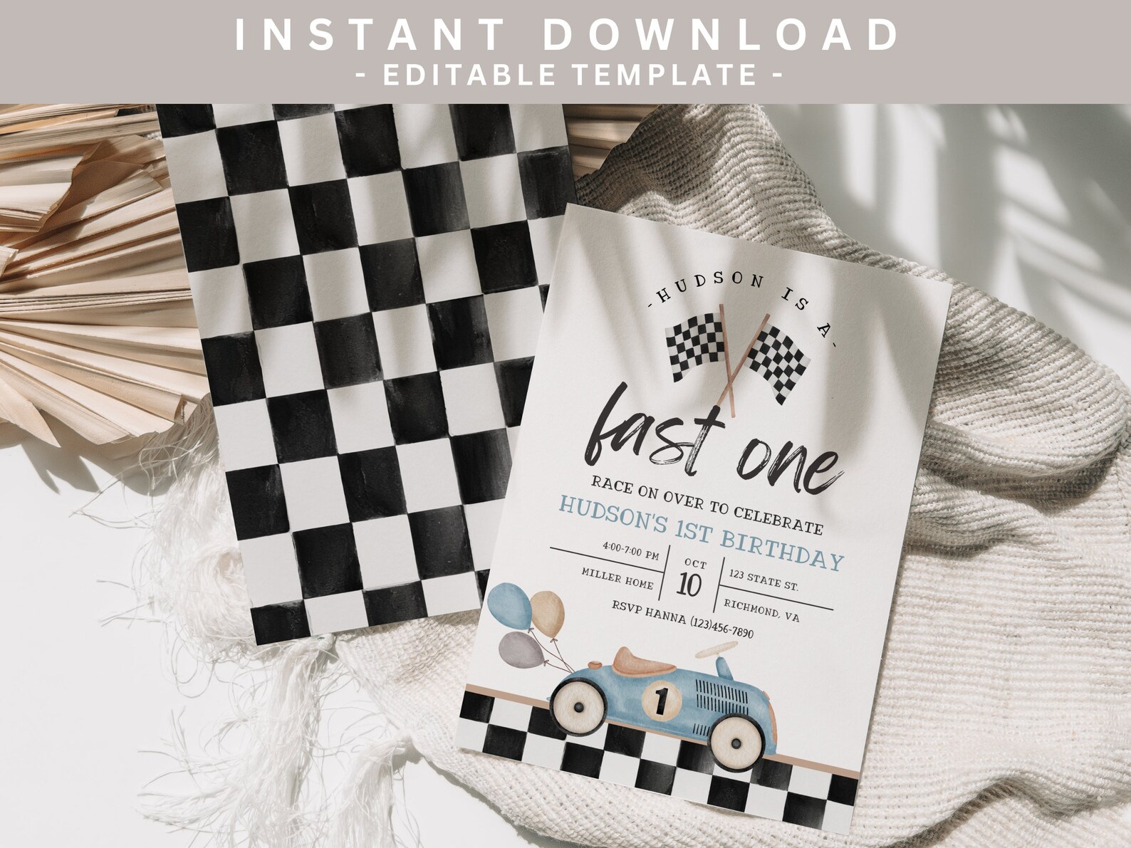 Fast One Birthday Invitation, Race Car Birthday, Race Car Party, 1st ...
