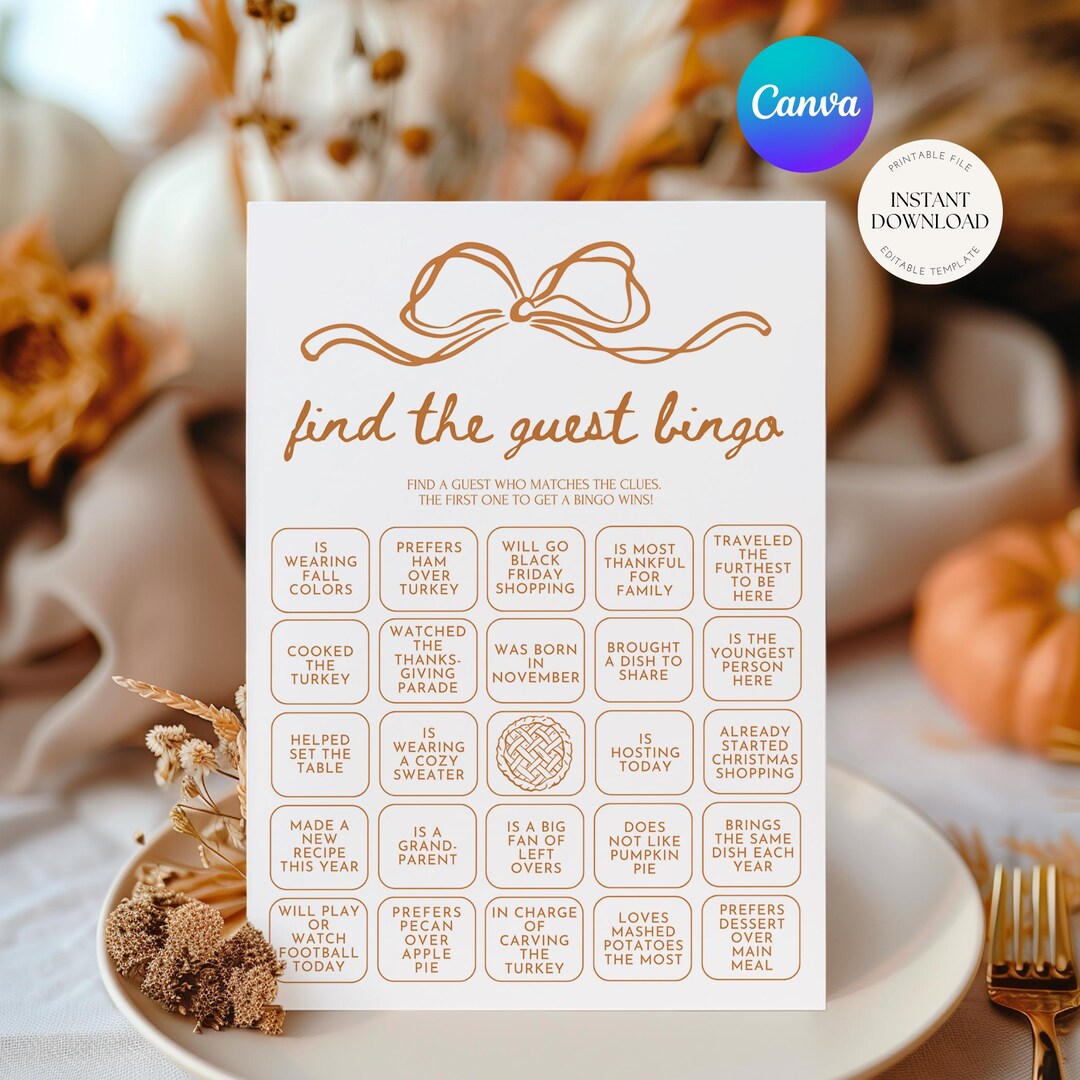 Printable Whimsical Hand Drawn Thanksgiving Find the Guest Bingo Game ...