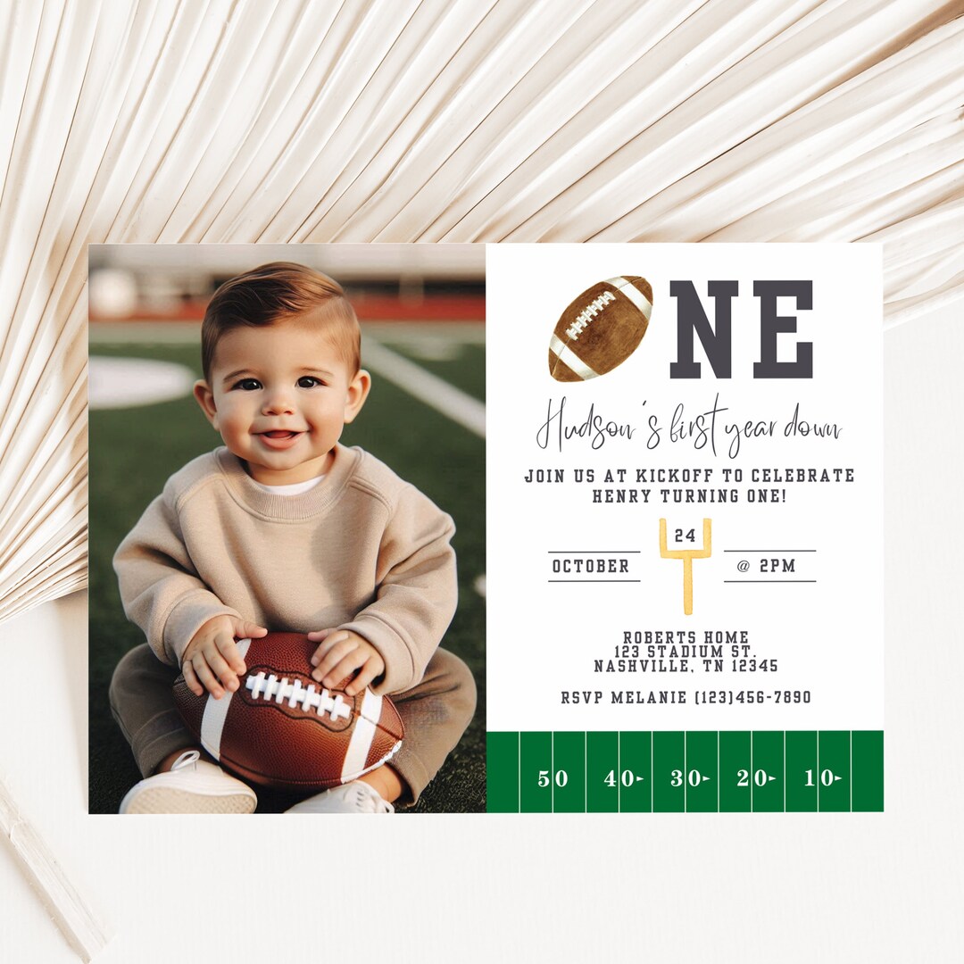 First Year Down Football Photo Invitation, First Birthday Boy, Football ...